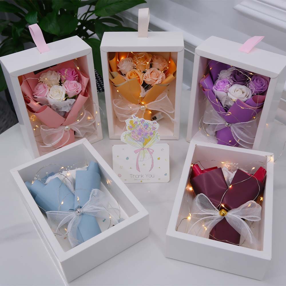 5Pcs Artificial Rose Flower Bouquet Gift Box with LED Soap Rose for ...