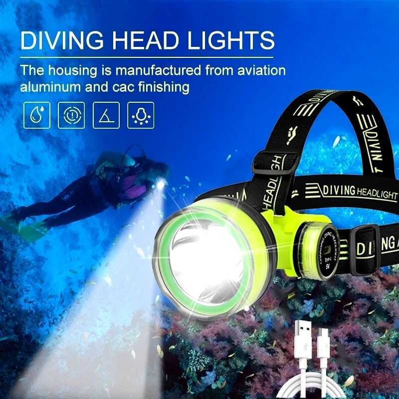New Large Size Diving Headlamp Rechargeable Professional Waterproof LED ...