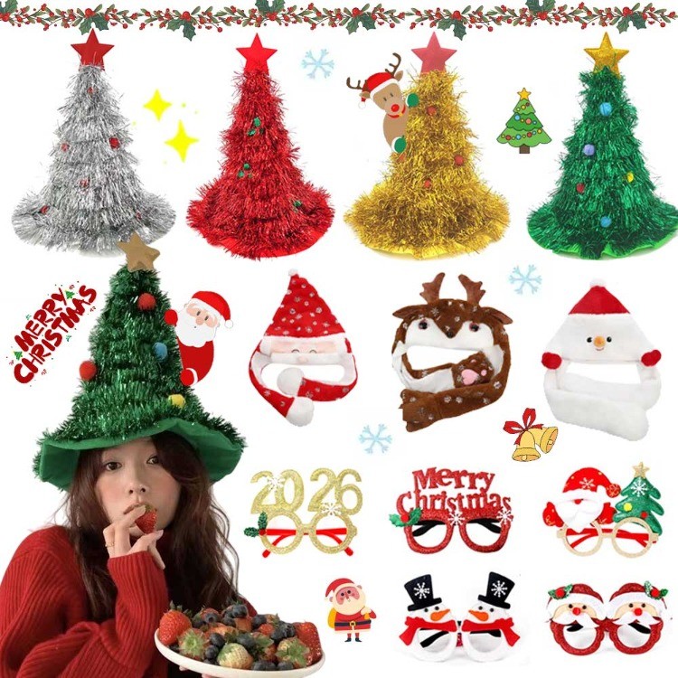 Shiny Tinsel Christmas Tree Hat Green Cloth Material Funny Xmas Costume ...