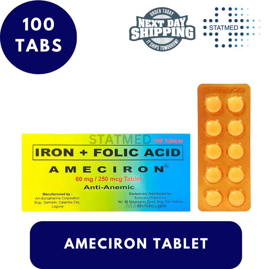 Ameciron Tablet Ferrous + Folic Acid 60mg/250mcg l 10, 50 & 100 Tabs ...