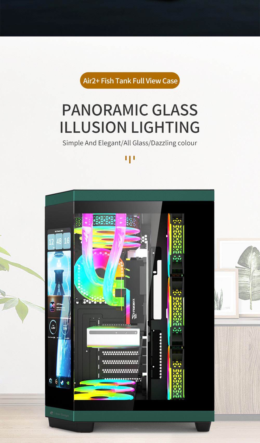 Acer AIR2 Gaming PC Case with Screen and Tempered Glass, 270° Panoramic ...