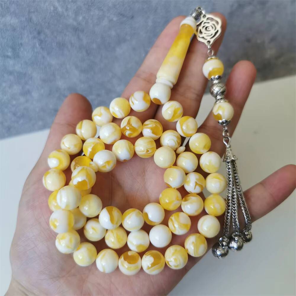 Islamic Tasbih 33 Rosary Yellow Resin Amber Tesbih Sier Color Metal ...