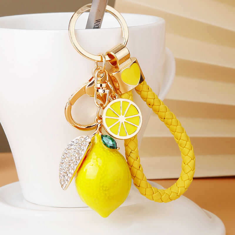 Creative Cute Alloy Rhinestone Drip Oil Fake Fruit Lemon Car Keychain ...