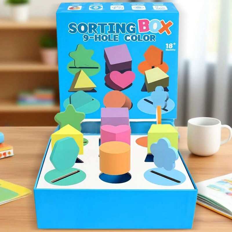 Y 9-Slot Wood Color & Shape Sorter Box Interactive Puzzle Sorting Toy ...
