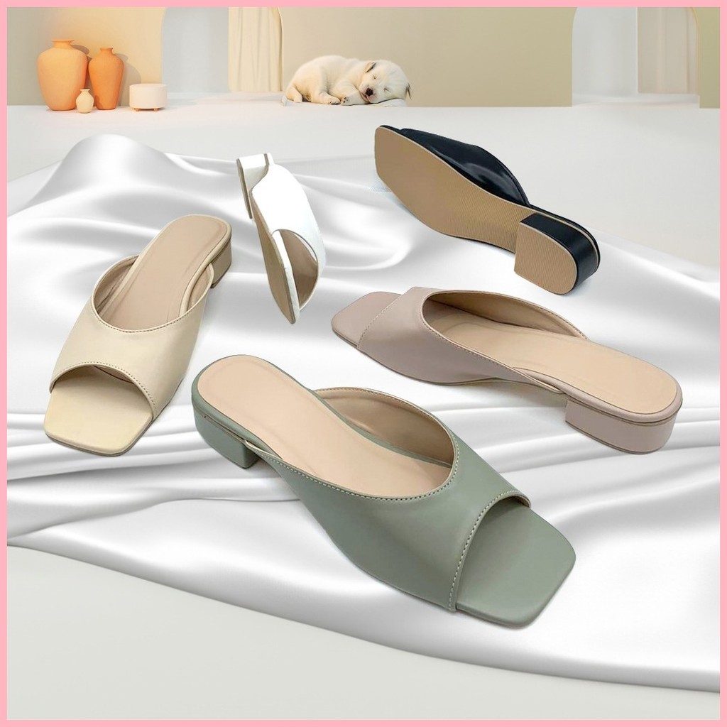 R&A926 1-Inch Peep Square Toe Plain Leather Toe Strap in Slip On Block ...