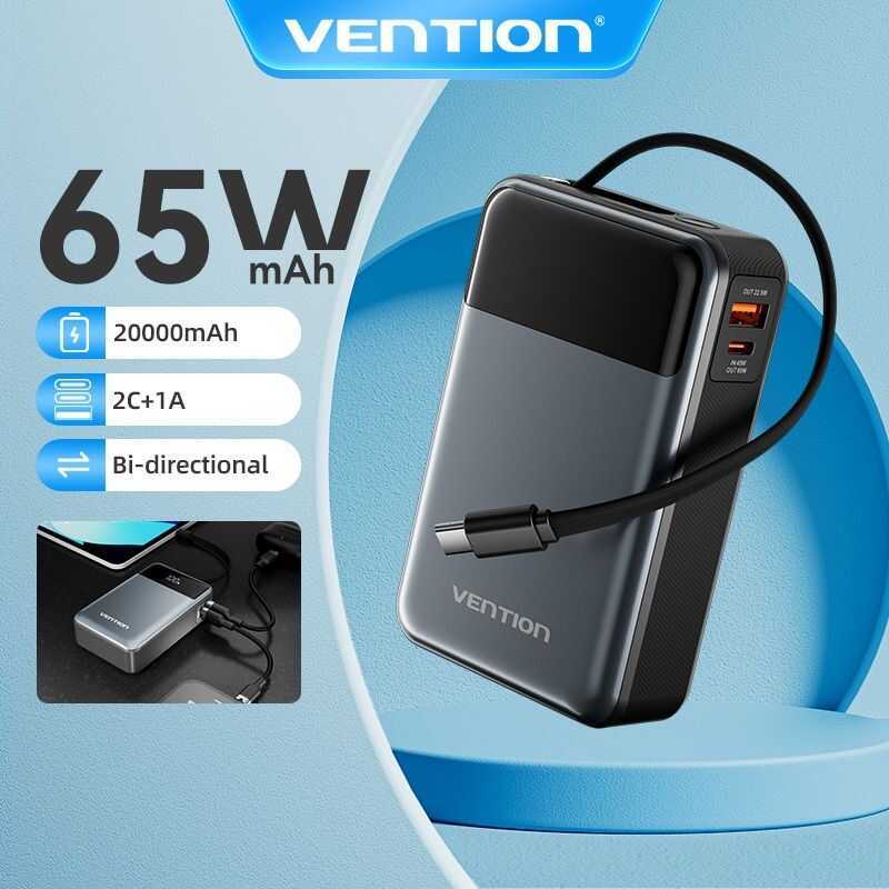 Vention 65W Power Bank Fast Charging 20000Mah Built In Type C Cord LED ...