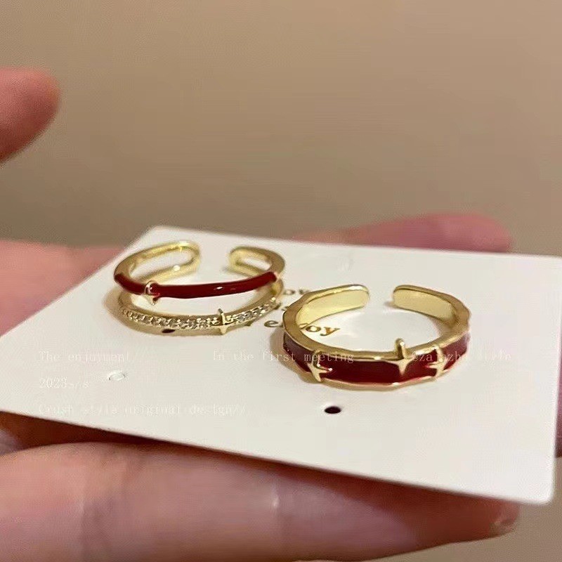 Vintage Double Layer Star Rings for Women Personality Red Opening ...