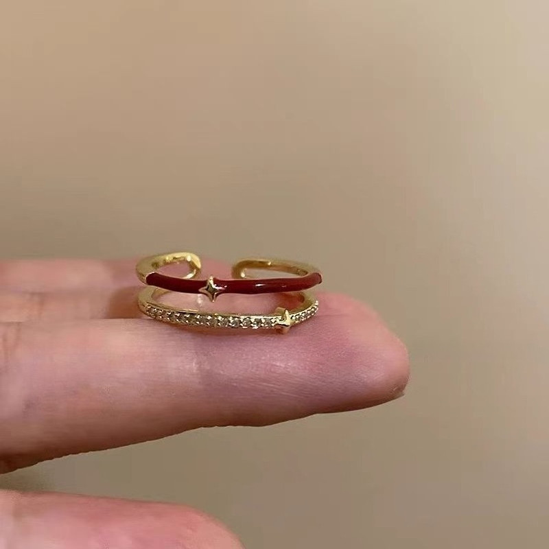 Vintage Double Layer Star Rings for Women Personality Red Opening ...