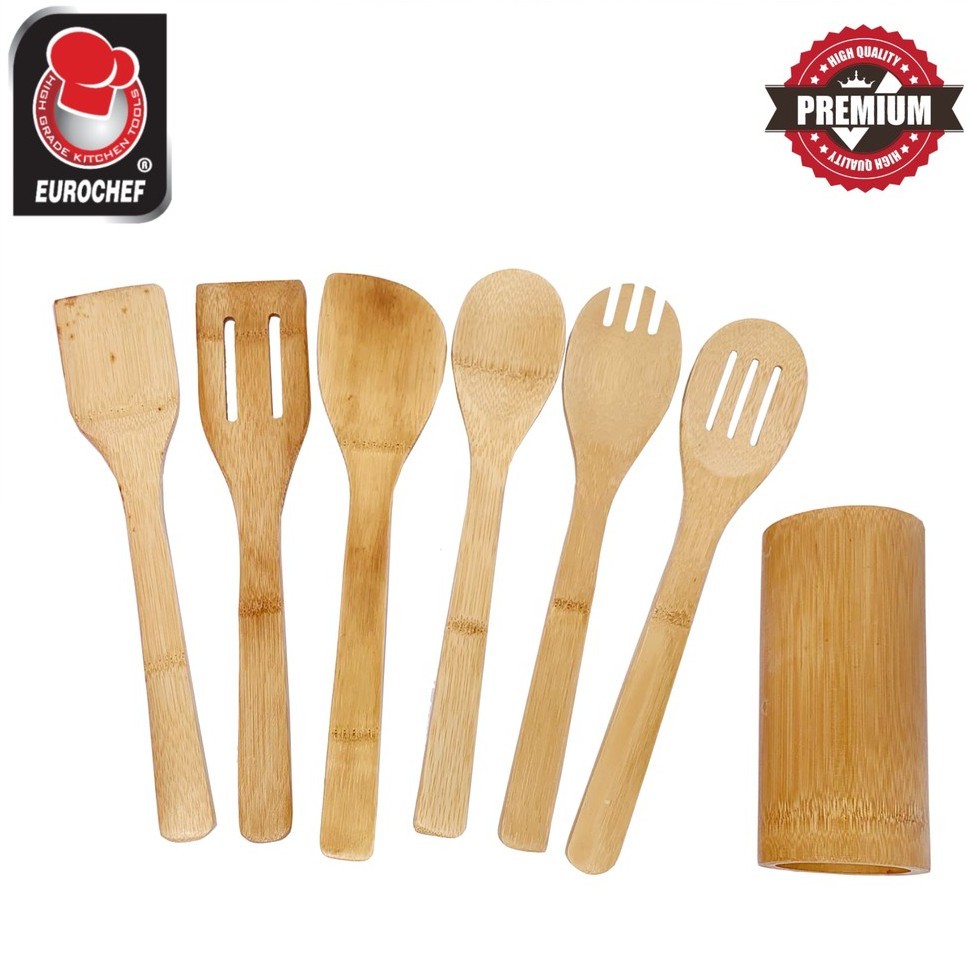 Eurochef BAM8 Bamboo Kitchen Utensils Tools Set: Wooden Holder Cooking ...