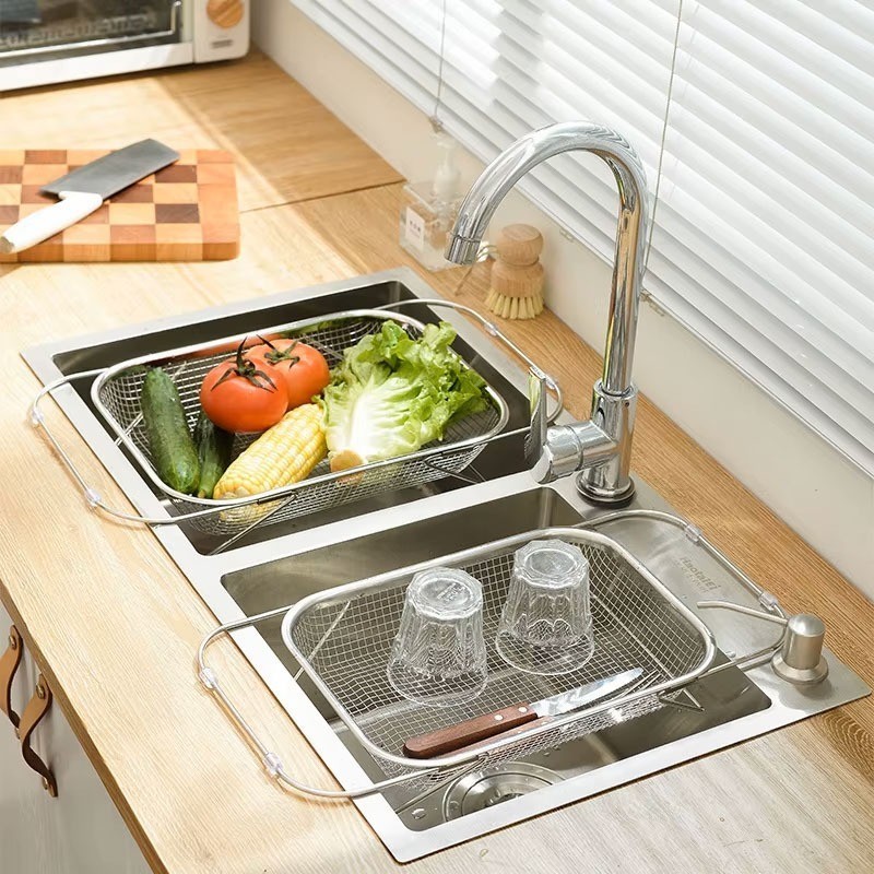 Stainless Steel Fruit Vegetable Drainer Adjustable Expandable Over Sink ...