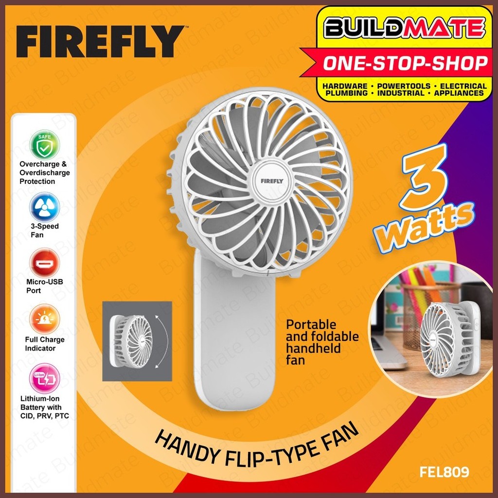 ⊙ BUILDMATE Firefly 3W Mini Handy Fan Flip Type with Stand Rechargeable ...