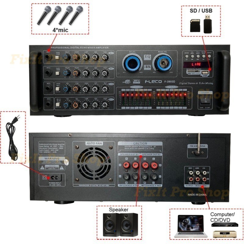 6000W AV-8000BT Bluetooth Stereo 12V/220V 4CH With Mixer Equalizer HIFI ...