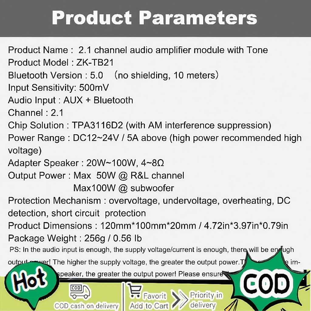 ZK-TB21 Bluetooth Car Audio Amplifier – 2.1 Channel, TDA7498E ...