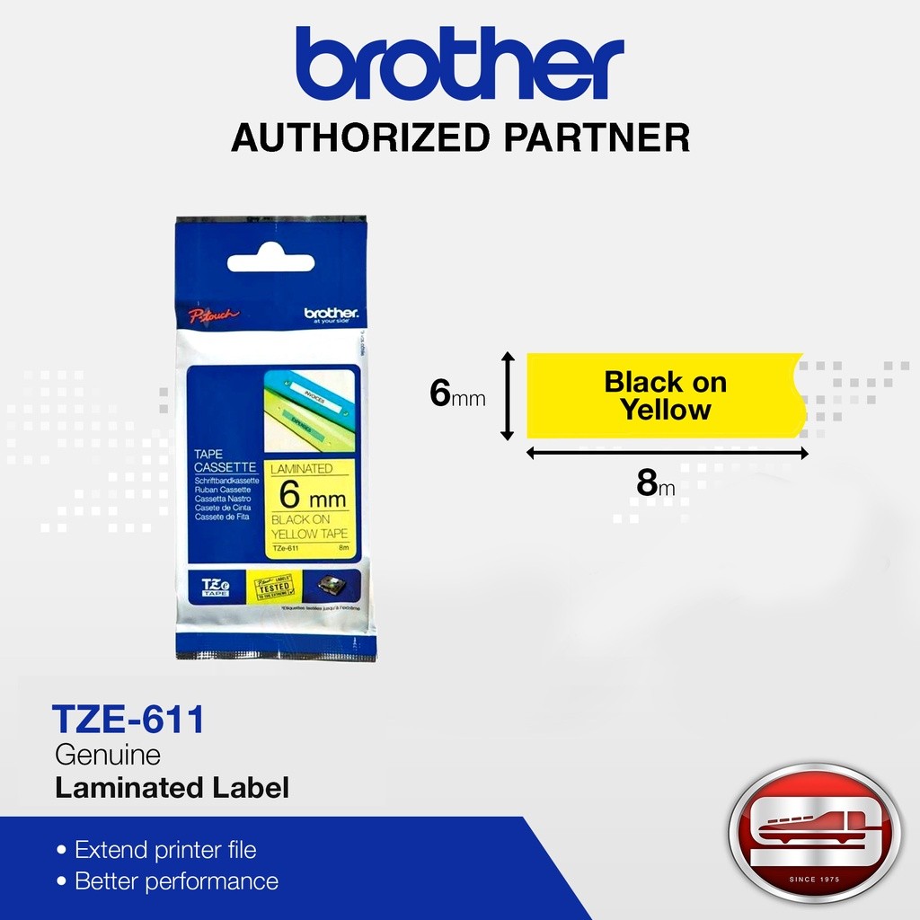Brother TZe-611 Black on Yellow 6mm Labelling Tape (100% Original ...