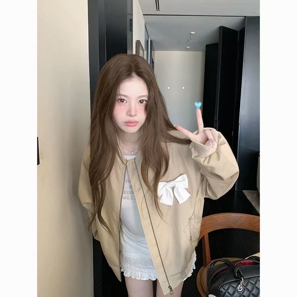[Littlefish] Korean Lazy Khaki Bow Jacket Top Loose Casual Baseball ...