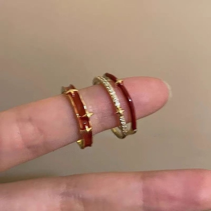 Vintage Double Layer Star Rings for Women Personality Red Opening ...