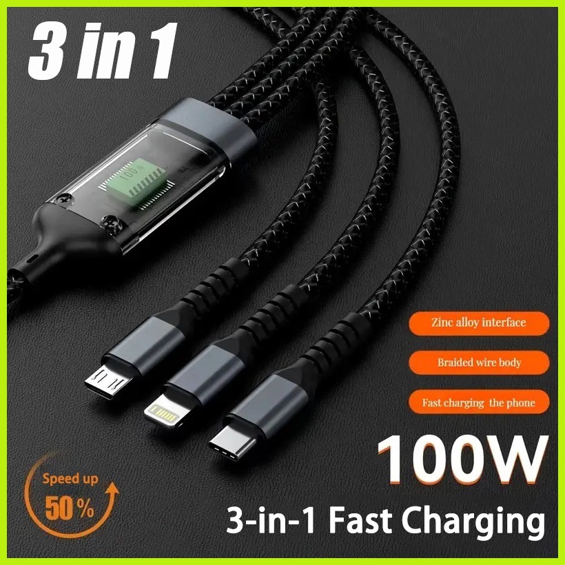 100W 3 in 1 Data Cable PD Digital Display Type-c Cable Fast Charging ...