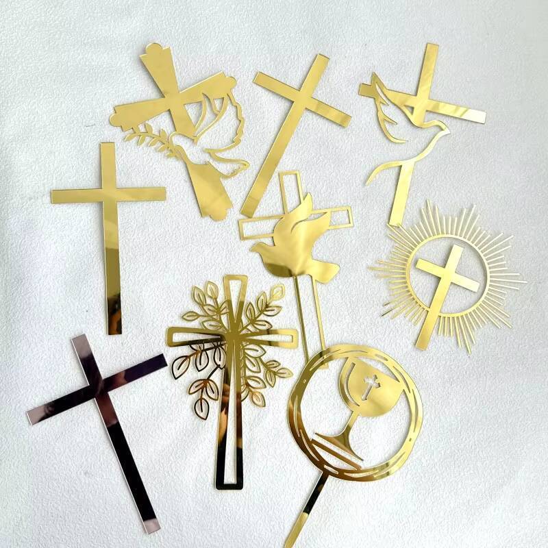 Acrylic Mirror Gold Cross Christian Topper for Cake Decoration Party ...