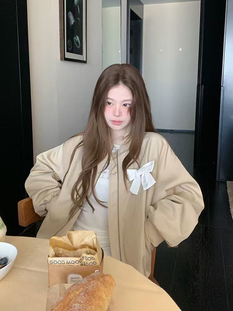[Littlefish] Korean Lazy Khaki Bow Jacket Top Loose Casual Baseball ...