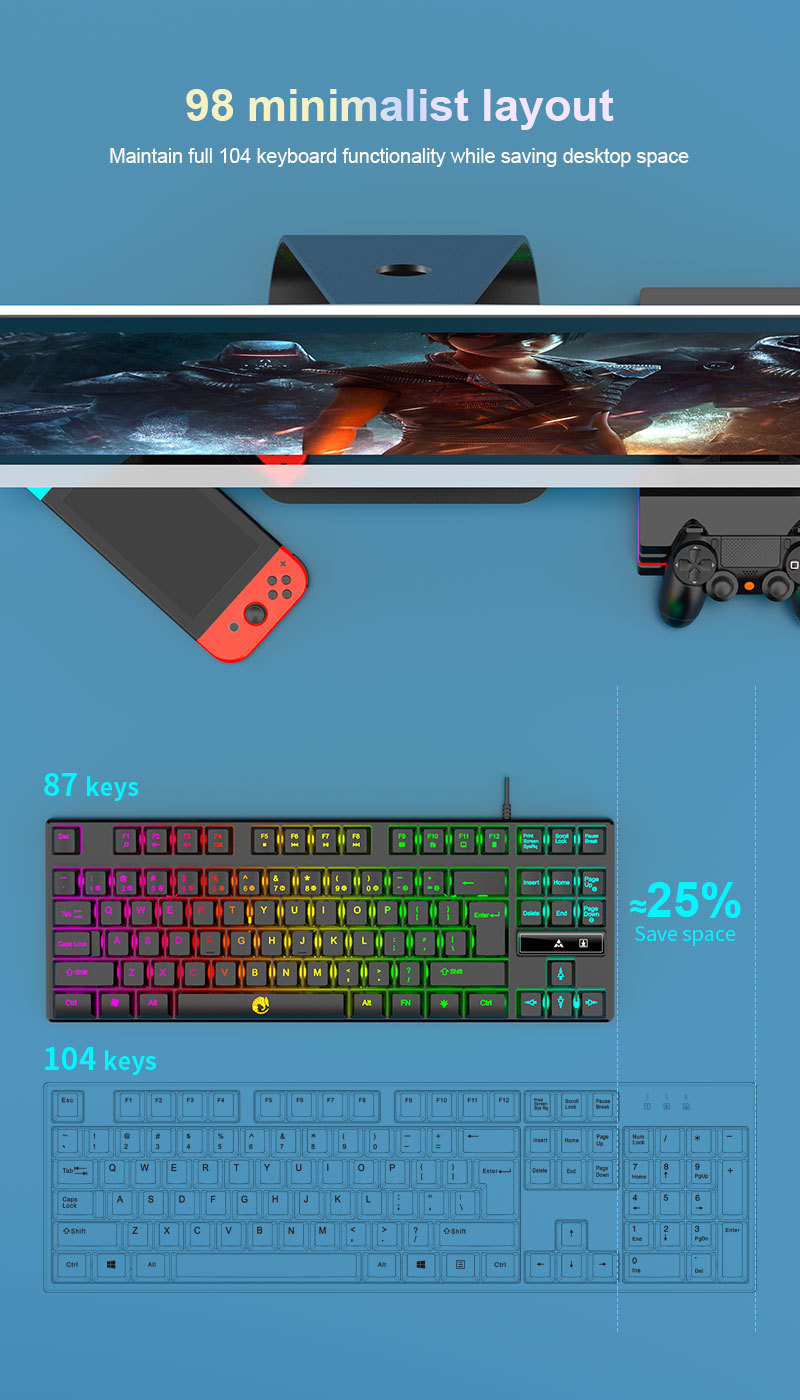 Raiku 87-Key RGB Wired Gaming Keyboard - Responsive Membrane Switch ...