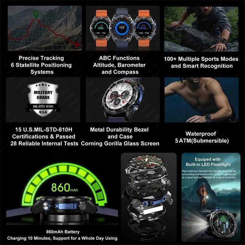 Sports Outdoor watch AMOLED 5ATM Waterproof Swim Watches Corning ...