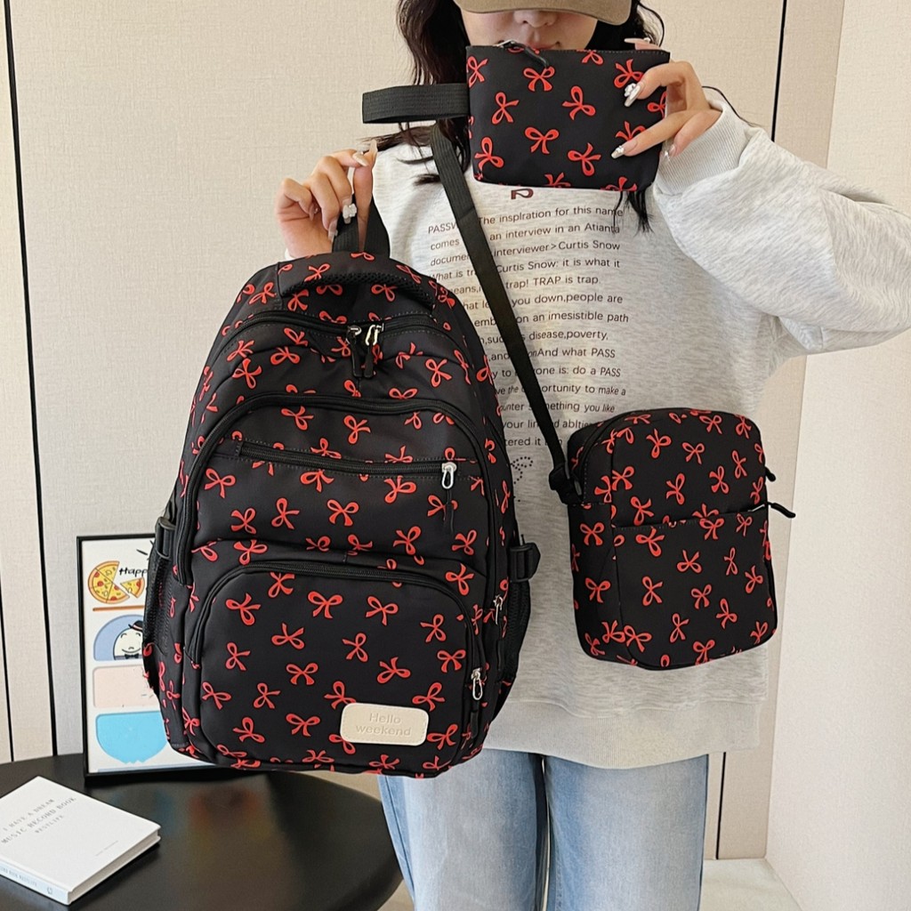 Three-Piece Set Bow Backpack Girl Heart Preppy Style Floral Backpack ...