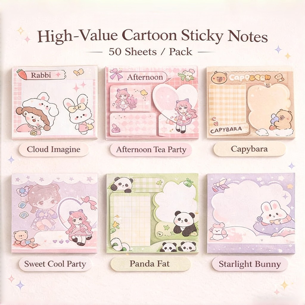 ASK High Aesthetic Cartoon Sticky Notes 50 Sheets Cute Memo Pad School ...