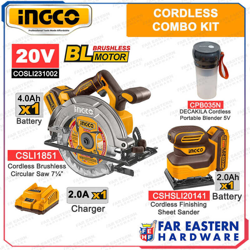 INGCO COMBO KIT Cordless Brushless Circular Saw Blender Sheet Sander V ...