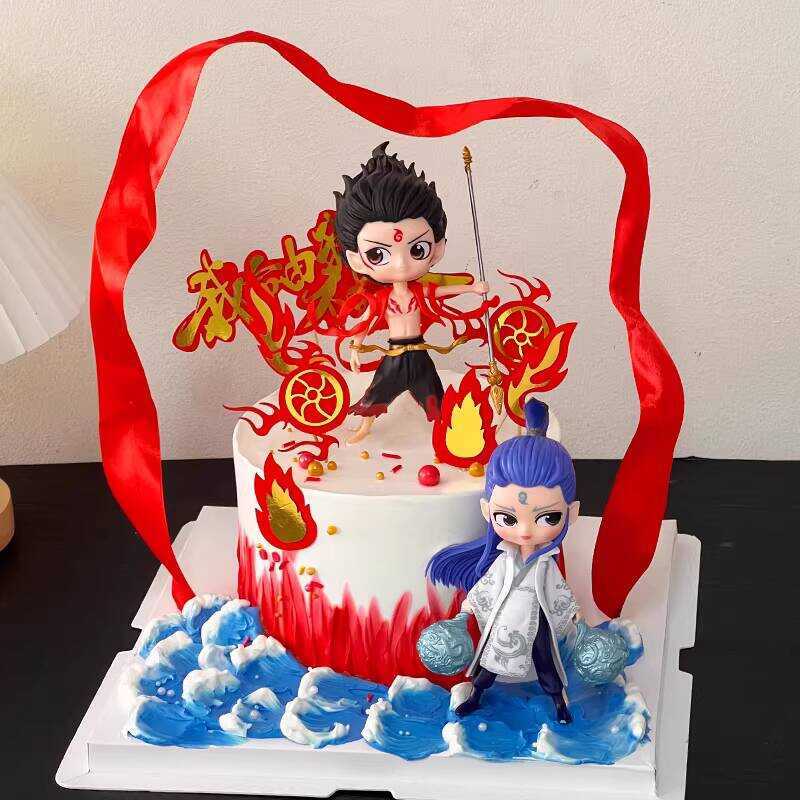 Trendy Nezha Ao Bing Cake Figurine Fire Wheel Mixed Sky Silk Ribbon ...