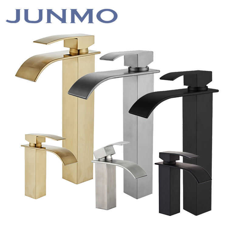 JUNMO Black Square Paint&Brushed Deck Mount Waterfall Bathroom Faucet ...