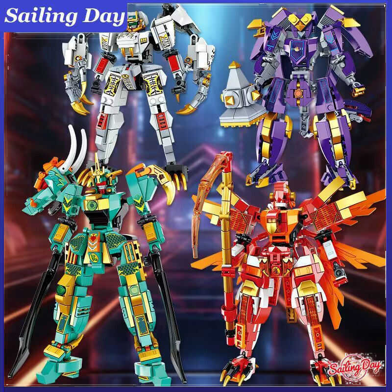 Building Blocks Four Sacred Beasts Toy Mech Morphing Robot Blue Dragon ...