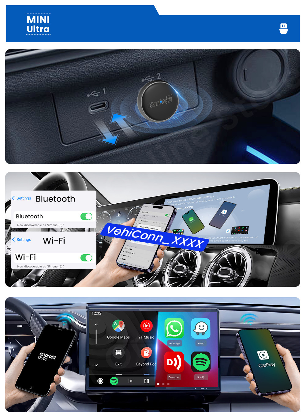 2025 CarlinKit Mini Ultra 3 CarPlay Android Auto Wireless Adapter for ...