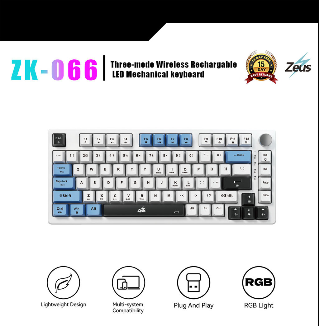 Zeus ZK066 81-Key Mechanical Keyboard Tri-Mode Wireless 2.4G Bluetooth ...