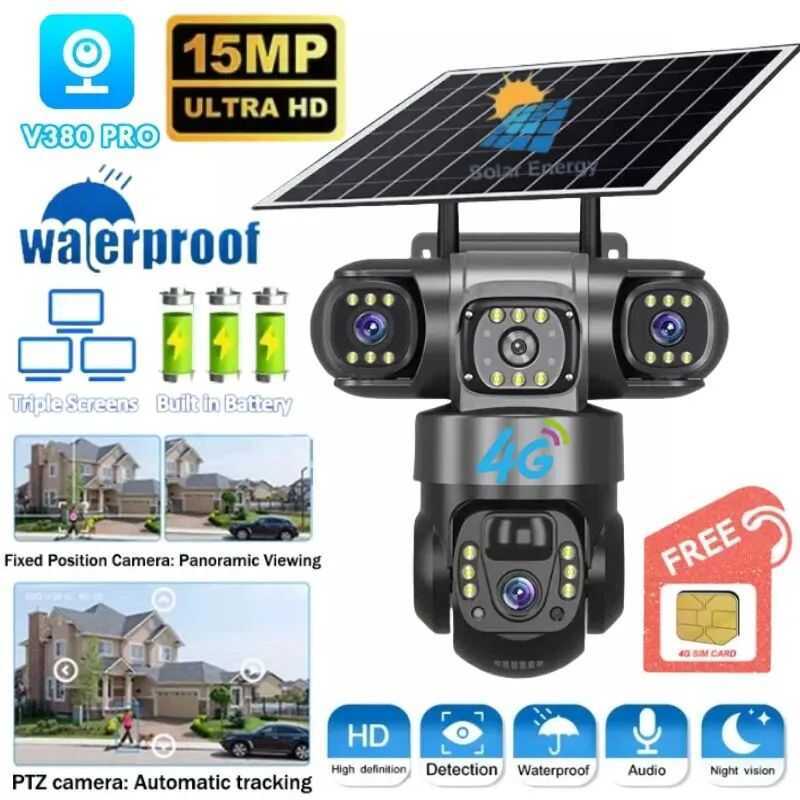 V380 Pro 15Mp Three Lens Solar CCTV Camera 4G Sim Card /Wifi All-Day ...