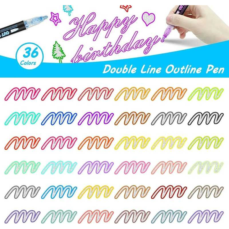 24 Color Double Line Art DIY Graffiti Outline Marker Pen Highlighter ...