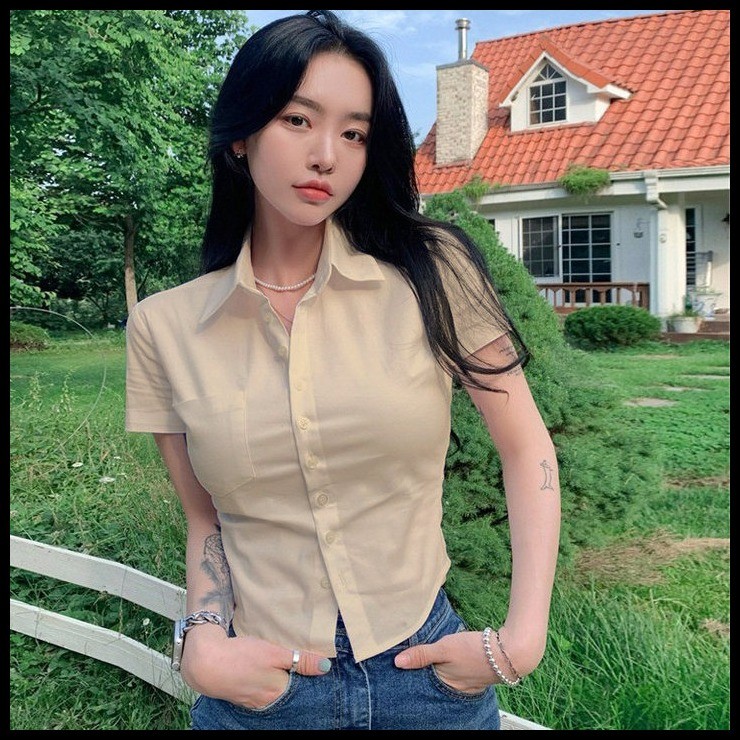 § Korean Short Sleeve Plain Blouse SEXY Solid Shirt For Woman | Shopee ...