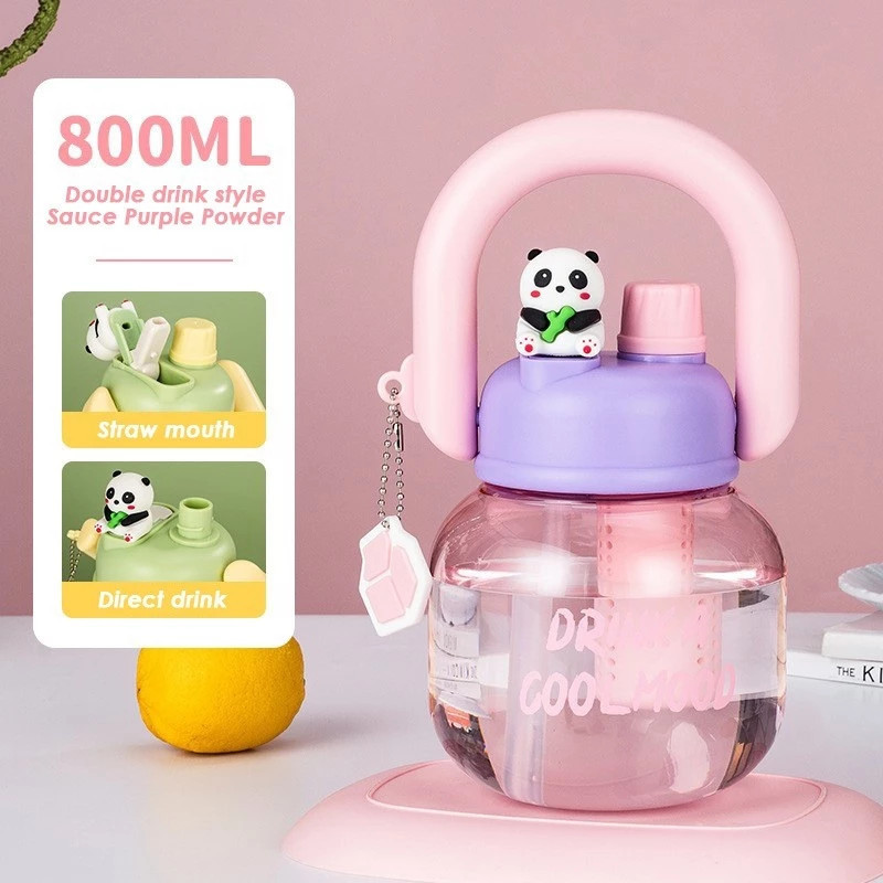 800ml Cute Panda Water Bottle With Straw Handle BPA-Free Leakproof ...