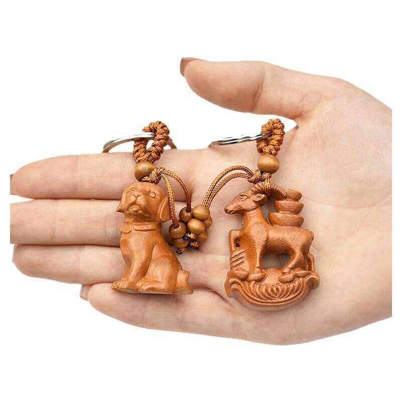 Chinese Zodiac 12 Constellations Peach Wood Car Keychain Pendant Dragon ...