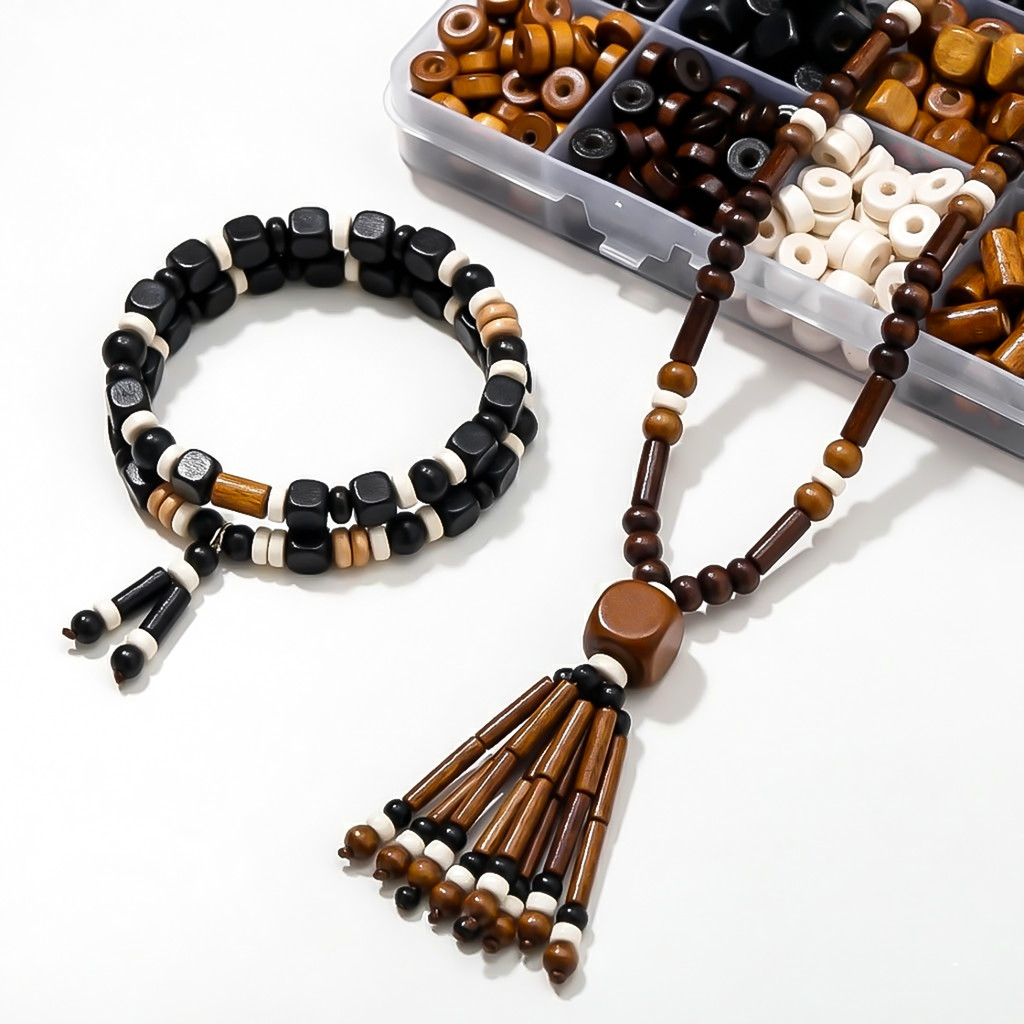 St.kunkka 50Pcs Natural Wood Beads Assorted Shapes Square Round Barrel ...