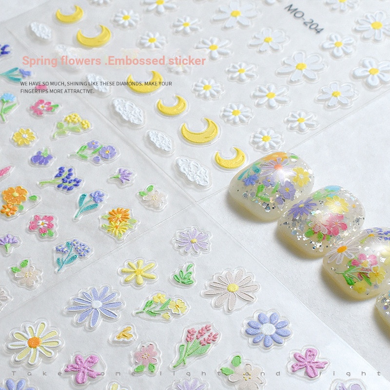 Manicure Stickers Embossed Flower Stickers Oil Painting Style Cute Mini ...