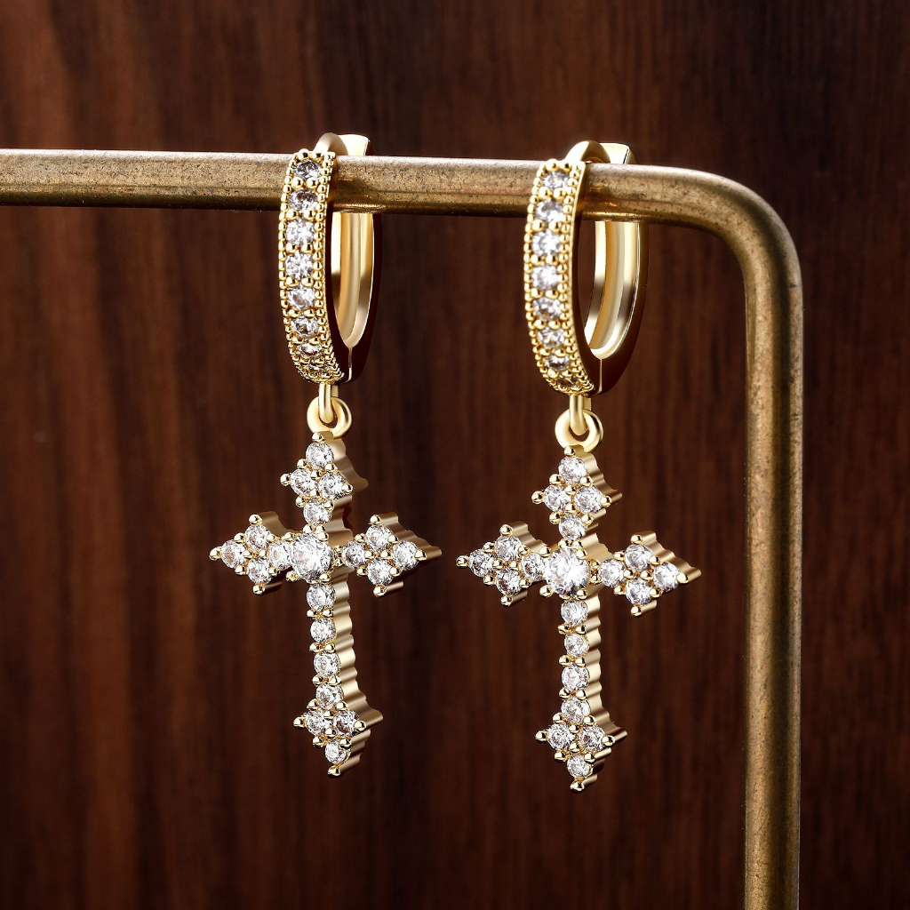 GOLD STAR Iced Out Cross Pendant Earrings for Men and Women's Hip Hop ...