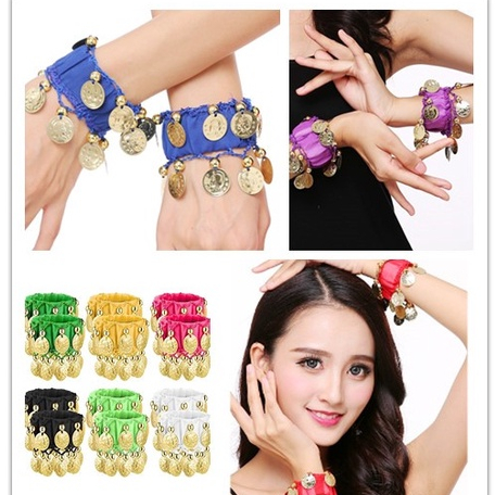 1 Pair Belly Dance Wrist Ankle Cuffs Bracelets Chiffon Gold Coin Belly ...