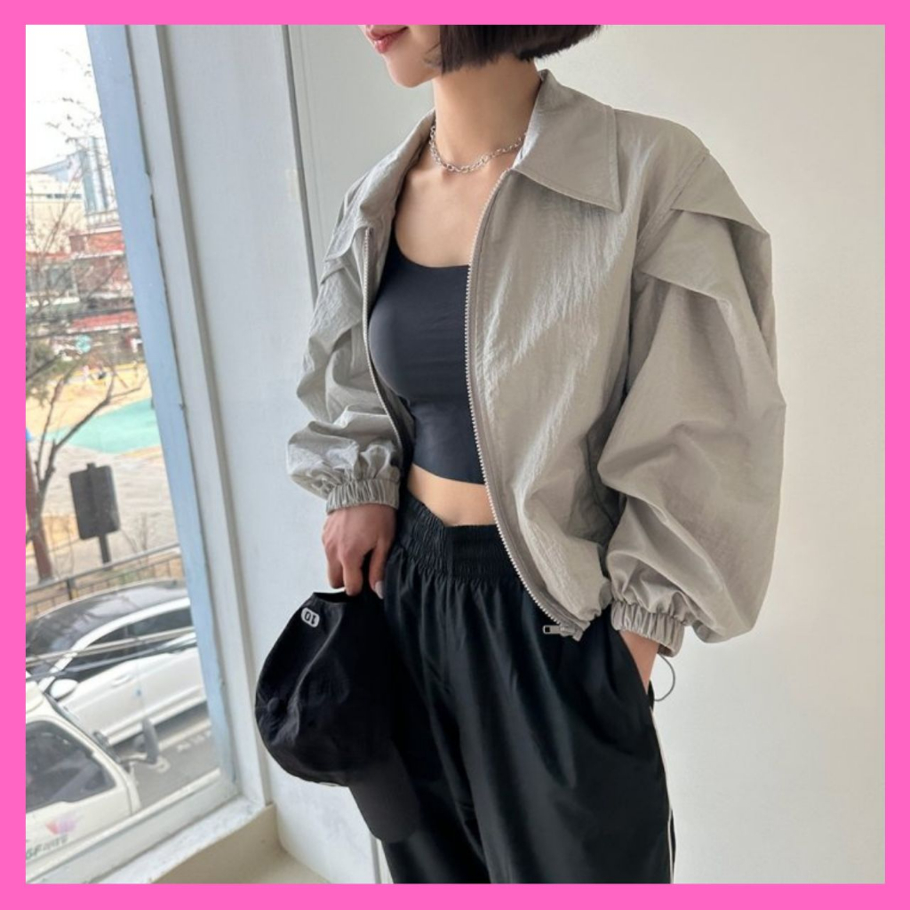 summer sleeve puff string collar banding zip-up outerwear korean women ...