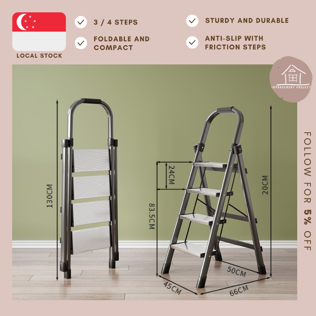 [SG STOCKS] Aluminium 3/4 Steps Foldable Ladder / Collapsible Home Use ...