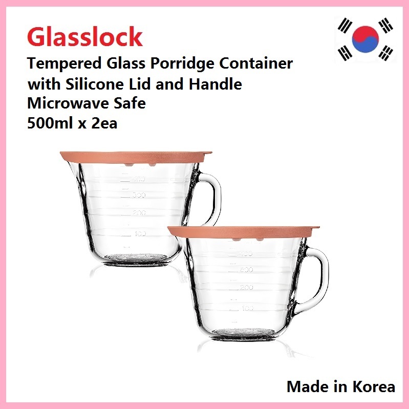 Glasslock Tempered Glass Porridge Container 500ml X 2ea, with Silicone Lid and Handle, Microwave ...