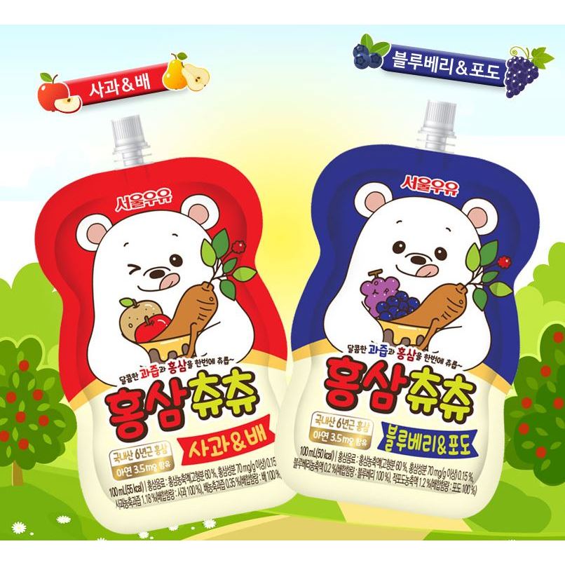 Seoul Milk RED GINSENG CHU CHU 2 types - Apple•Pear & Blueberry•Grape ...