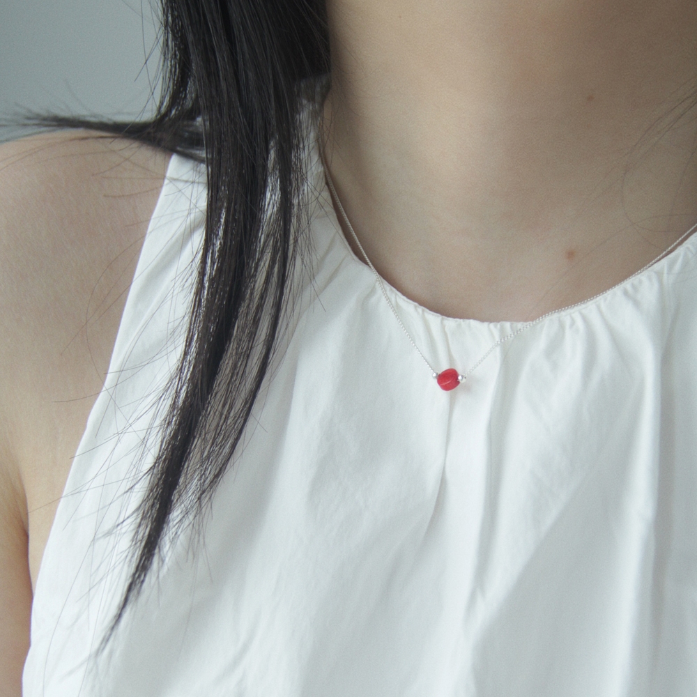 [CCNMADE] Handmade Thread Gemstone Necklace / Coral Silverball Chain ...