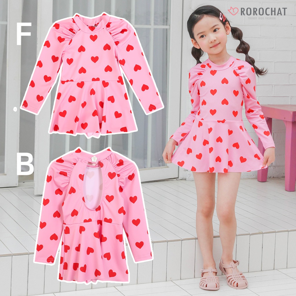 Girl's Swimsuit Heart-Pattern Pink Dress Swimsuit 3-9Y Rashguard ...