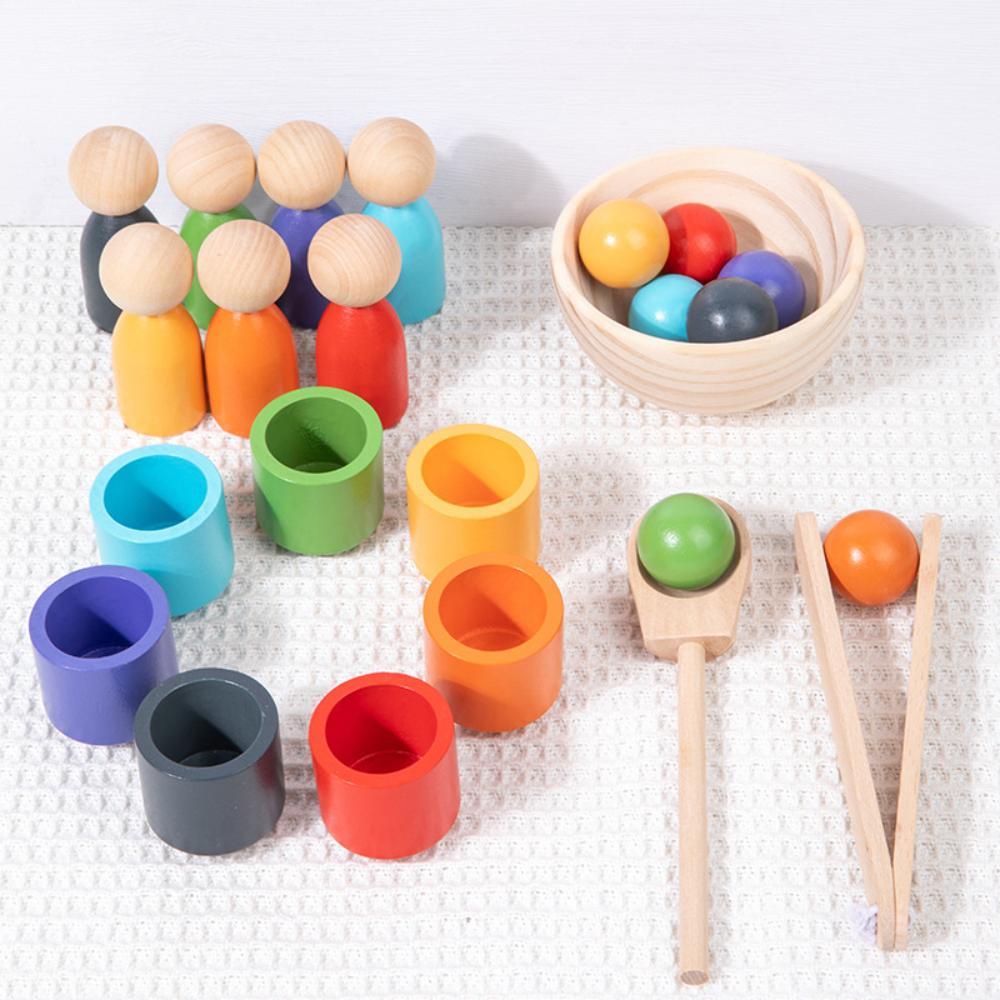 Wooden Peg Dolls Game Rainbow Color Sorting Toys 7 Pcs Dolls with Cups ...