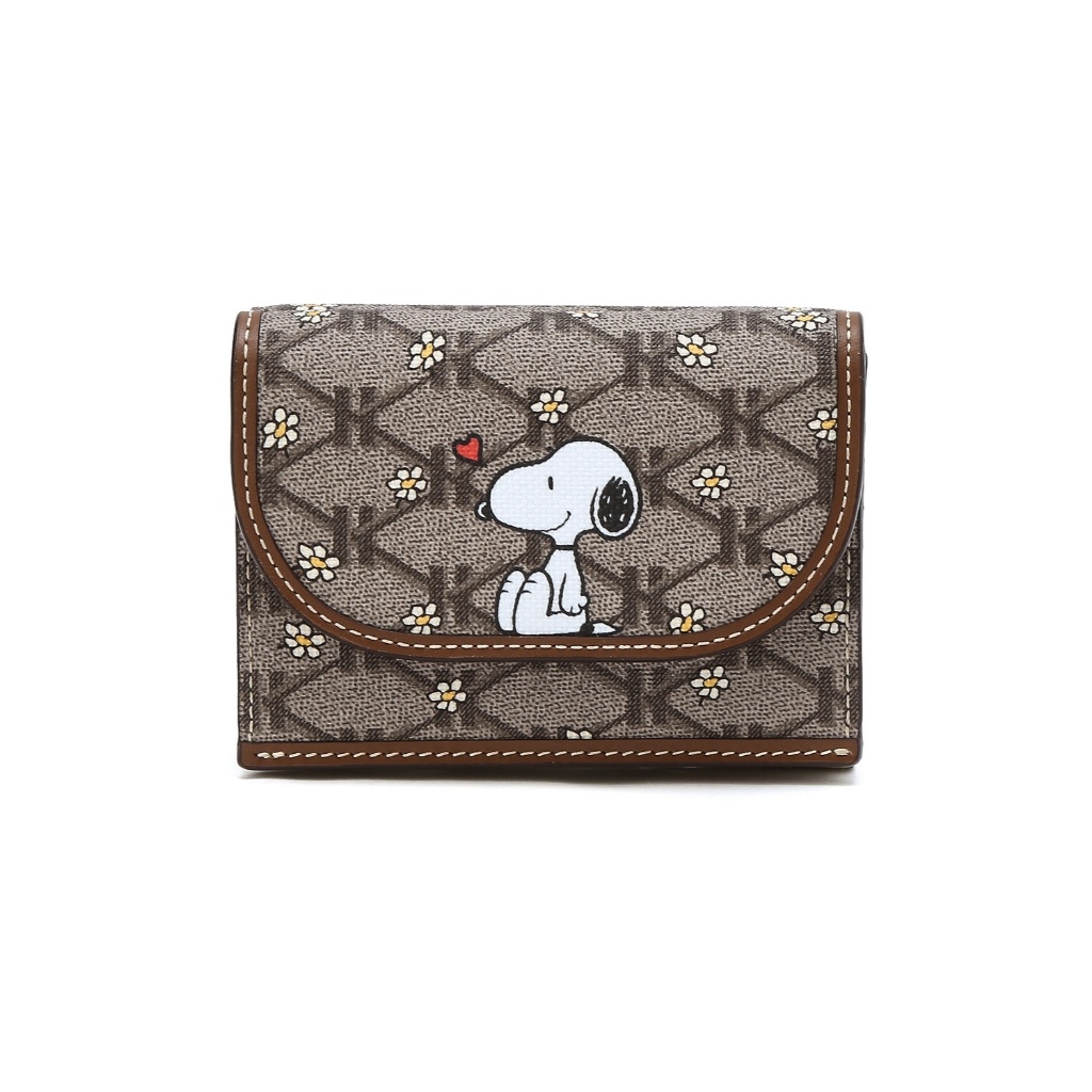 [PEANUTS X HAZZYS] Signature Pattern Dark Brown Leather Snoopy bifold ...